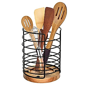 Utensil Holder for Kitchen Counter, Black Wire Kitchen Utensil Holder with Acacia Wooden Base, Large Countertop Utensil Holder Cooking Utensil Holder, Wire Kitchen Utensil Organizer for Countertop