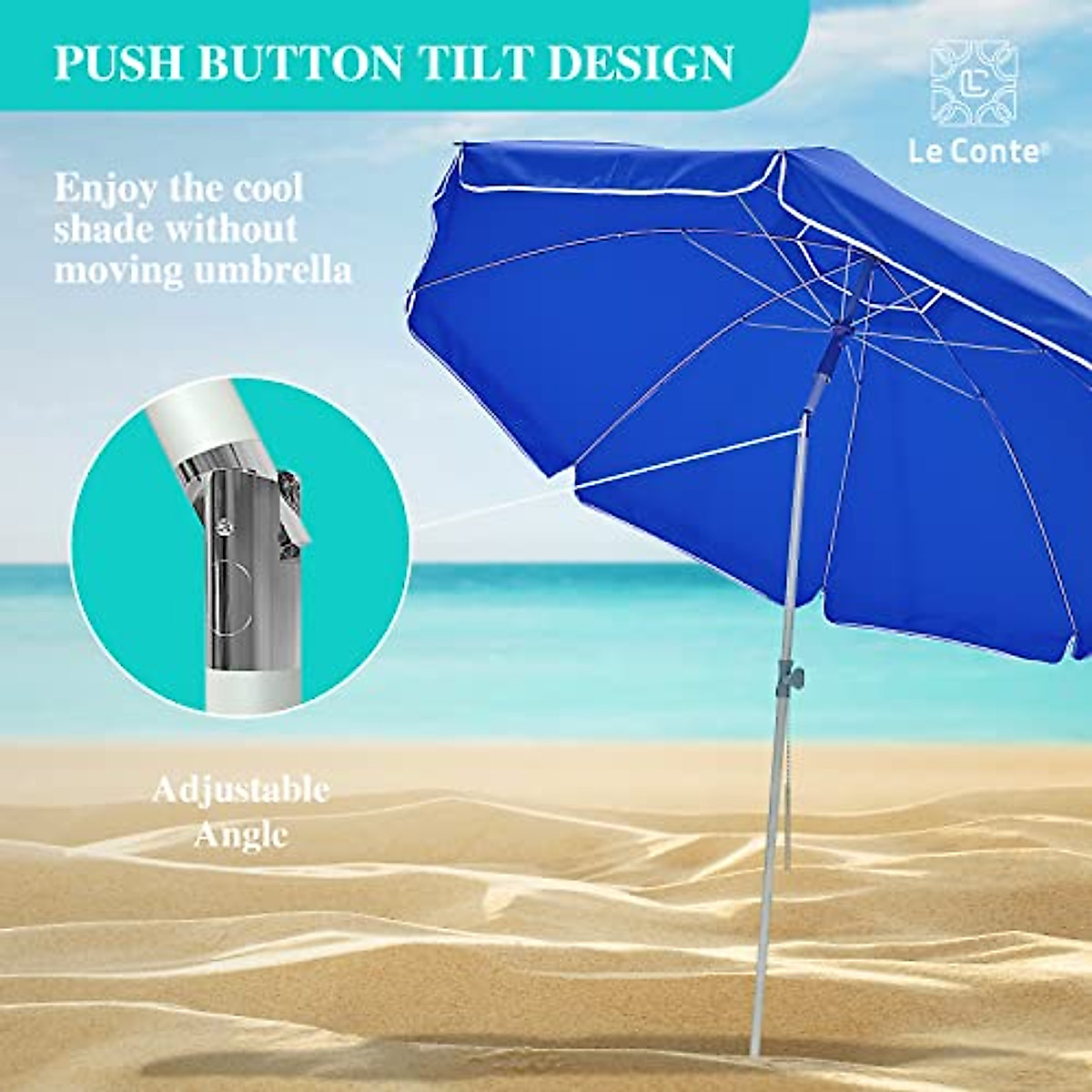 LE CONTE 7FT Beach Umbrella with Sand Anchor, SPF60+ Portable Sunshade Umbrella with Tilt Mechanism, Air Vents Design, Carry Bag for Outdoor Garden (Blue)