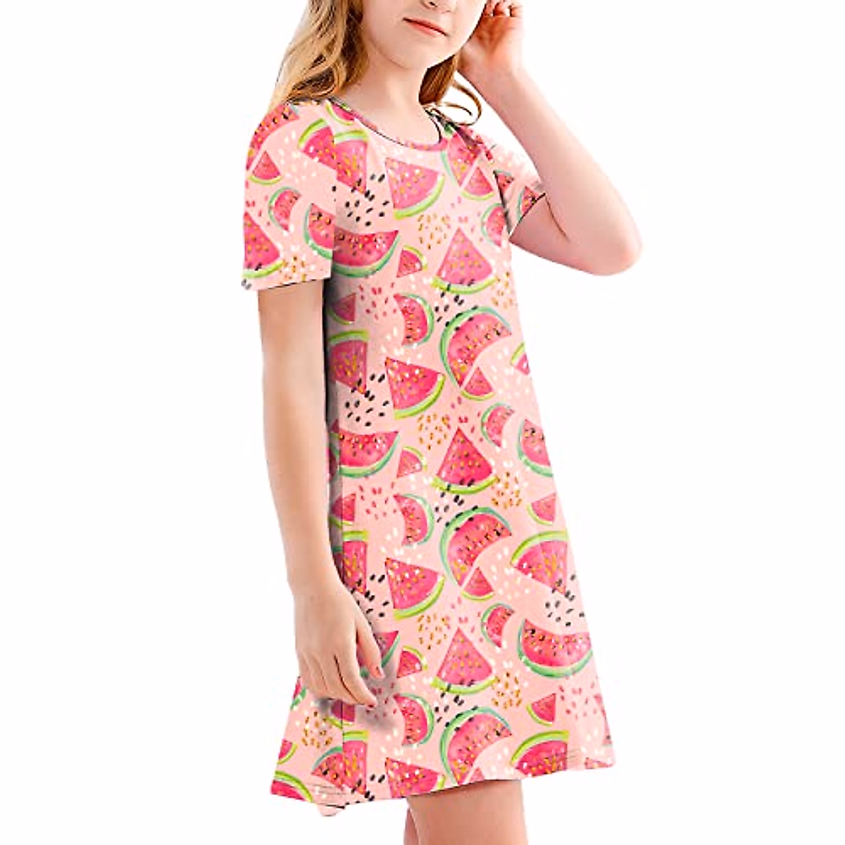 Summer Watermelon Dress Girl Short Sleeve Tshirt Dresses Tropical Pink Midi Flare Dress 11-12 Years