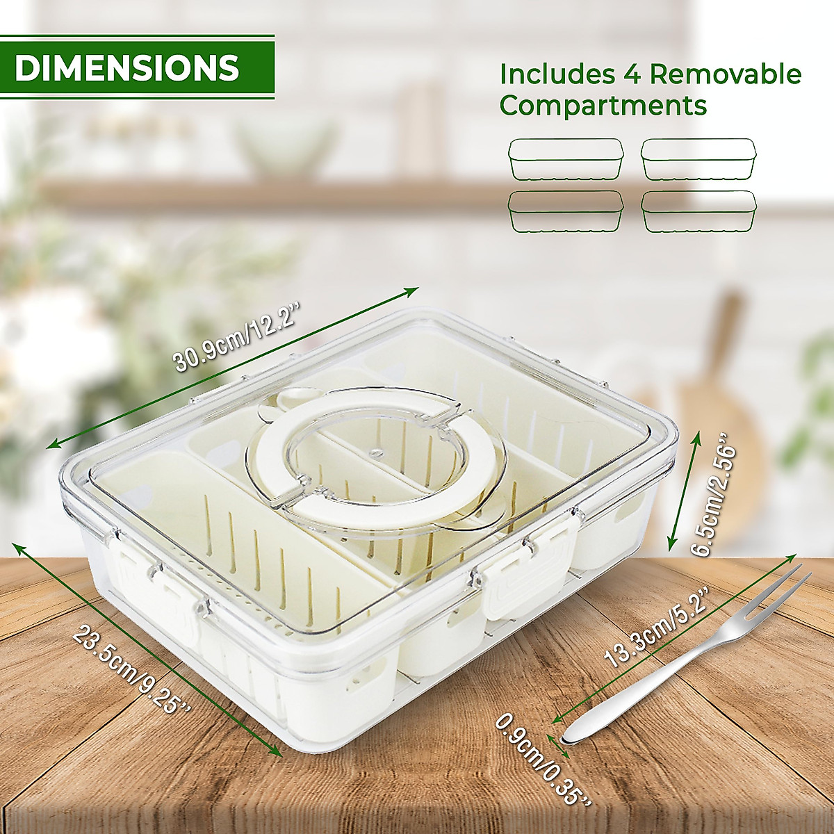 BRIFUFOUS Divided Serving Tray with Lid and Handle - Portable Snackle Box Charcuterie Container, Veggie Snack Box, Travel Snack Box Organizer, Multipurpose Storage Boxes with 4 Compartments & 4 Forks