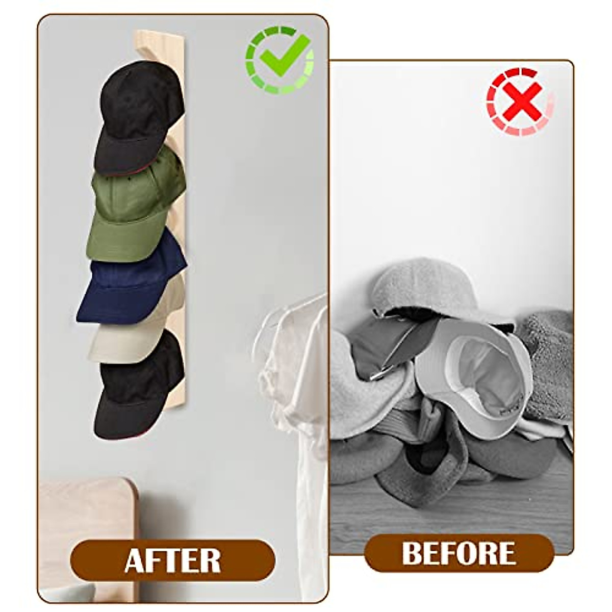 ZYP 2 PCS Hat Rack for Wall Wooden Baseball Caps Organizer Wall Mount Baseball Hat Holder Wall Vertical Hat Racks for Closet Door Bedroom Entryroom Laundry