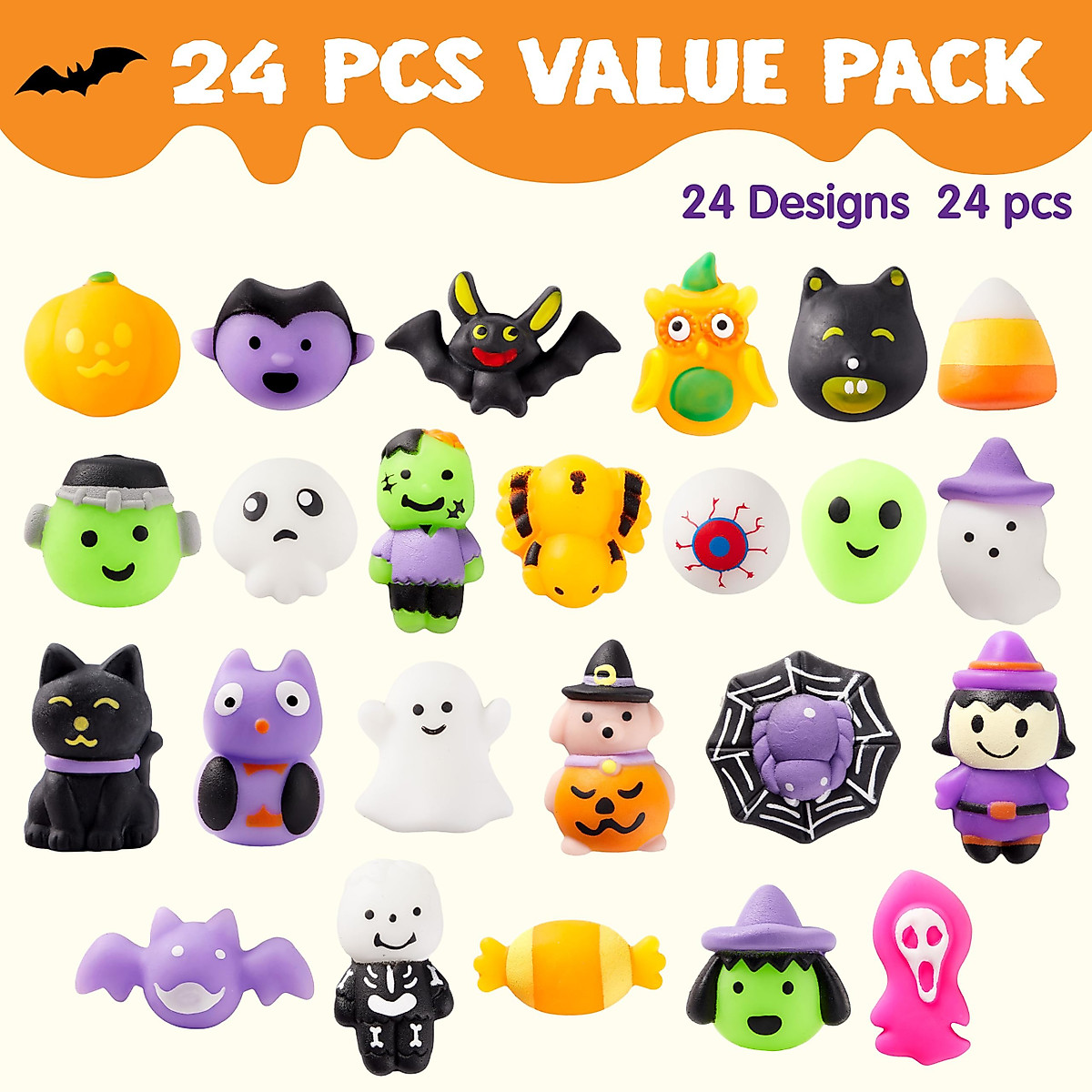JOYIN 48 Pcs Halloween Mochi squishy toys Bulk, Halloween Toys for Halloween Party Favors Decoration, Trick or Treats Sensory Stress Relief Toy, Classroom Prizes Goodie Bag Filler Kids Gift