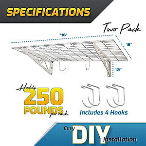 MonsterRax Garage Wall Shelf Two-Pack White or Hammertone Three Size Options Includes Bike Hooks 500lb Weight Capacity (White, 18"x36")