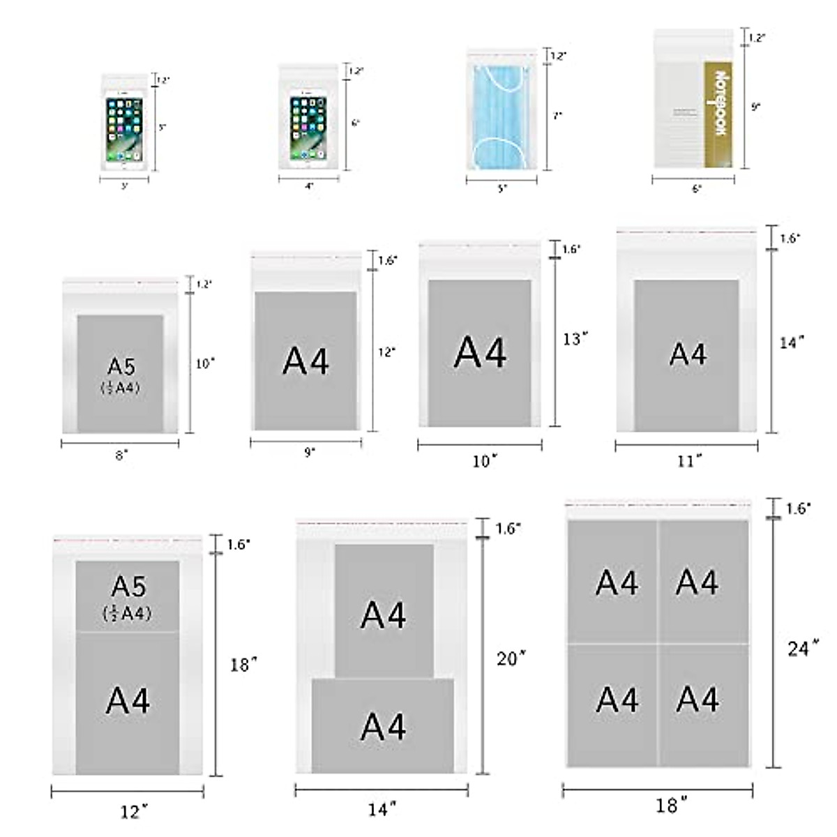 Clear Poly Bags 18x24 100ct Self Seal Cello Bags Self-Adhesive 1mil for Apparel Clothing Gifts 11 Sizes to Choose from