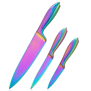 Hollory Rainbow Kitchen Knife Set 3 Piece, Razor Sharp German Stainless Steel Blade with 8 in Chef, 5 in Utility, 3.5 in Paring – Starter Set with Gift Box