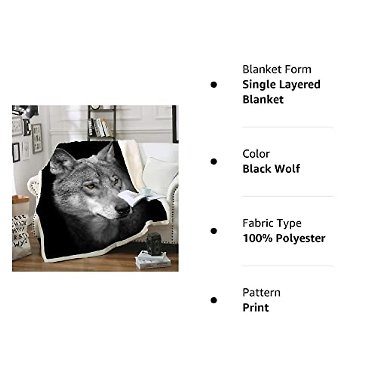 Black Wolf Blanket Comfort Warmth Soft Cozy Air Conditioning Machine Wash Black and White Rose Skull Sherpa Fleece Blanket (Throw 60"x80") (Black Wolf)