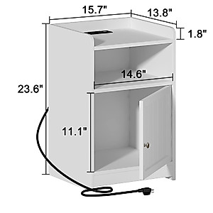 ChooChoo Nightstand with Charging Station, Night Stand with Cabinet and Open Storage, 2 AC and USB Power Outlets, Bed Side Table for Bedroom, White