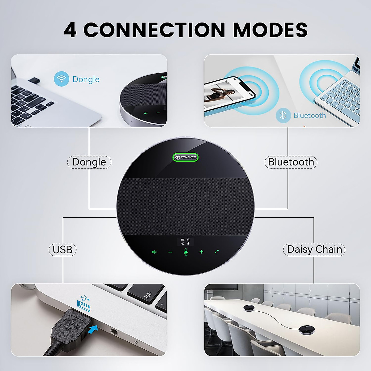 TONGVEO Bluetooth Speakerphones Conference Microphone,2 in 1 Daisy Chain Conference Speakers with Microphone,360° Voice Pickup Noise Reduction 8 Hour Call Time for up to 20 Attendees Meeting