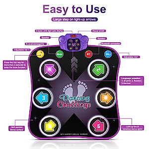Flooyes Dance Mat Toys for 3-12 Year Old Kids, Electronic Dance Pad with Light-up 6-Button Wireless Bluetooth, Music Dance with 5 Game Modes, Birthday Toys Gifts for 3 4 5 6 7 8 9 10+ Year Old Girls