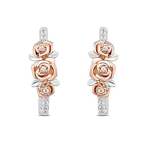 Jewelili Enchanted Disney Fine Jewelry 10K Rose Gold and Sterling Silver Belle Dozen Roses Earring Set With 1/5 Cttw Diamonds