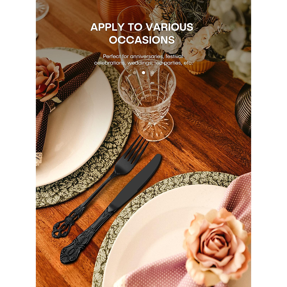 Stapava 48 Pcs Black Silverware Set with Steak Knives, Gorgeous Retro Royal Silverware Set for 8, Stainless Steel Mirror Flatware Cutlery Set, Include Forks Spoons and Knives set, Dishwasher Safe