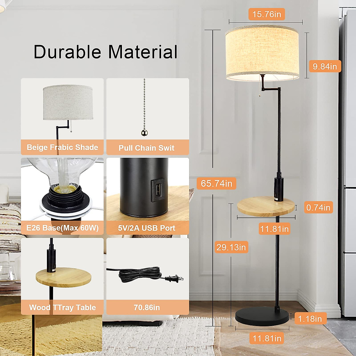 DLLT Living Room LED Floor Lamp- Standing Accent Light with USB Charging Port, Energy Saving, Tall Pole Lighting with Beside Table, Mid Century Contemporary Rooms Lamps, E26 Warm Lights,Fabric Shade