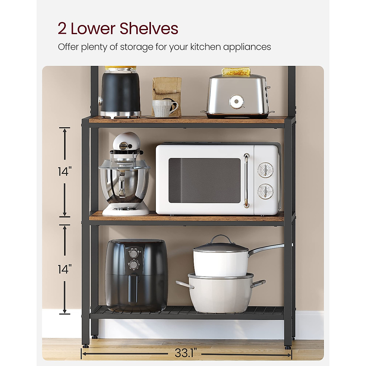 VASAGLE Bakers Rack, Coffee Bar, Kitchen Storage Shelf Rack with 10 Hooks, 3 Shelves, Adjustable Feet, for Microwave Oven, 15.7 x 33.1 x 66.9 Inches, Industrial, Rustic Brown and Black UKKS17BX