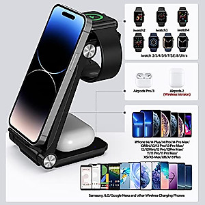 Kertxin Wireless Charger Stand,Foldable 3 in 1 Wireless Charging Station for Apple Watch Ultra 8 7 6 SE 5 4 3 2,iPhone 14/14 Pro/14 Pro Max/13/13 Pro Max/13 Pro/Mini/12/12 Pro/11,Wireless Phones