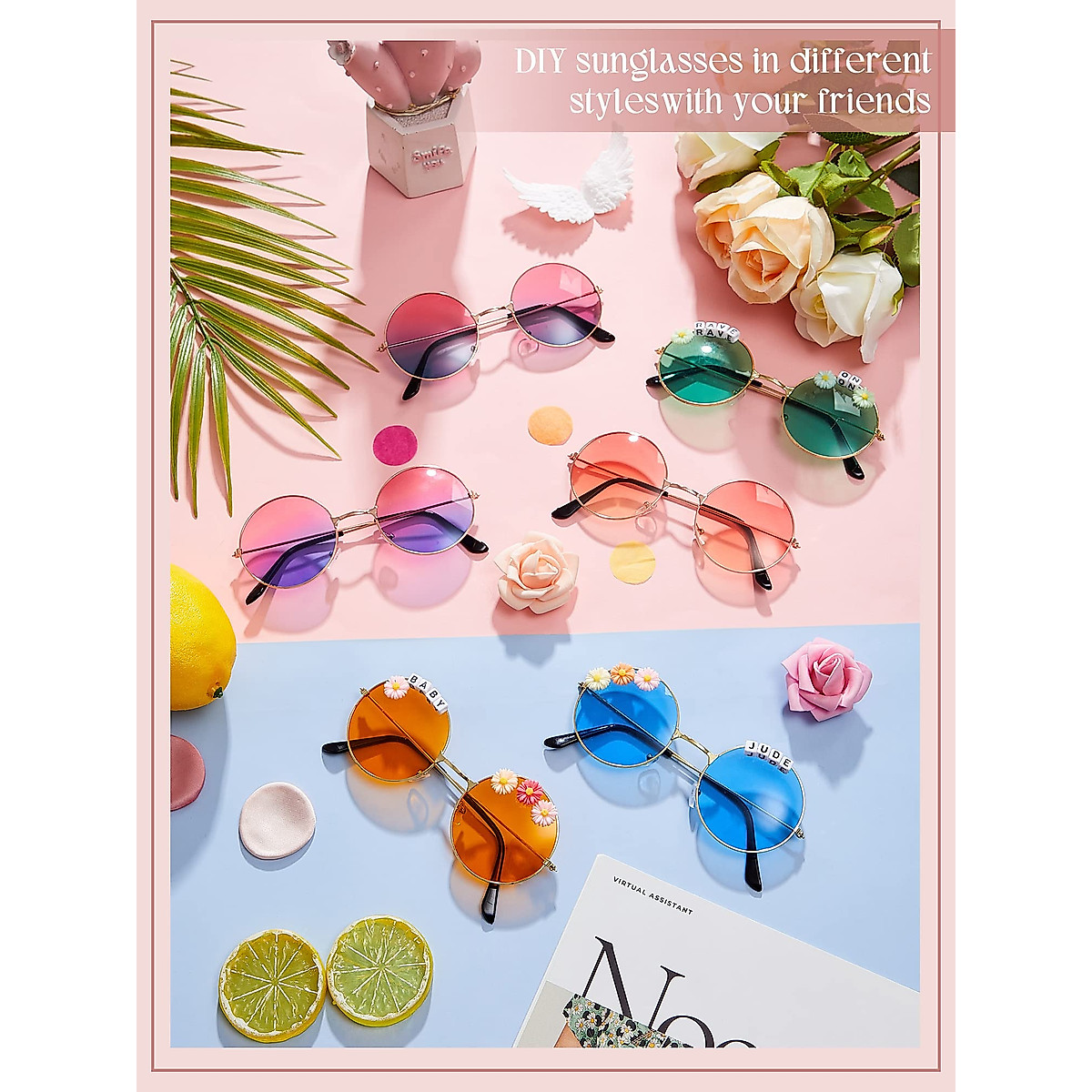 8 Pairs DIY Adult Round Sunglasses Hippie Circle Sunglasses with 200 Letter Beads 50 Daisy Beads and Glue for Women Men (Cute Color)