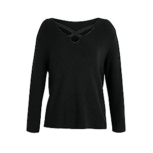 Lrady Womens V Neck Sweater Long Sleeve Casual Loose Fit Tunic Tops Knit Blouse Lightweight Cute Pullover, Black, Small