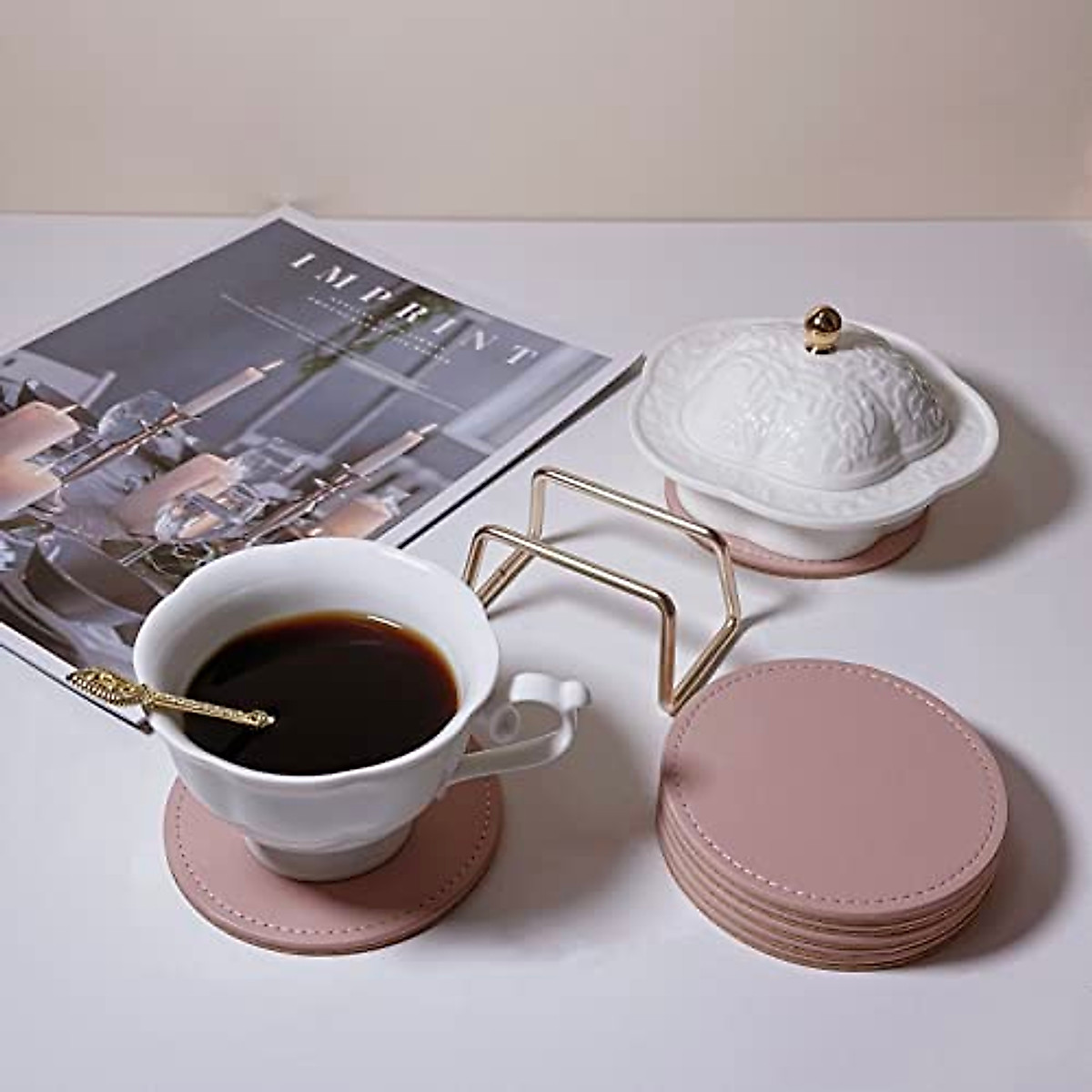 Drawwind Coaster Set of 6 with Metal Holder, Leather Coasters for Drinks with Cork Base, Pink Coaster for Coffee Table, House Warming Gift for New Home Decor