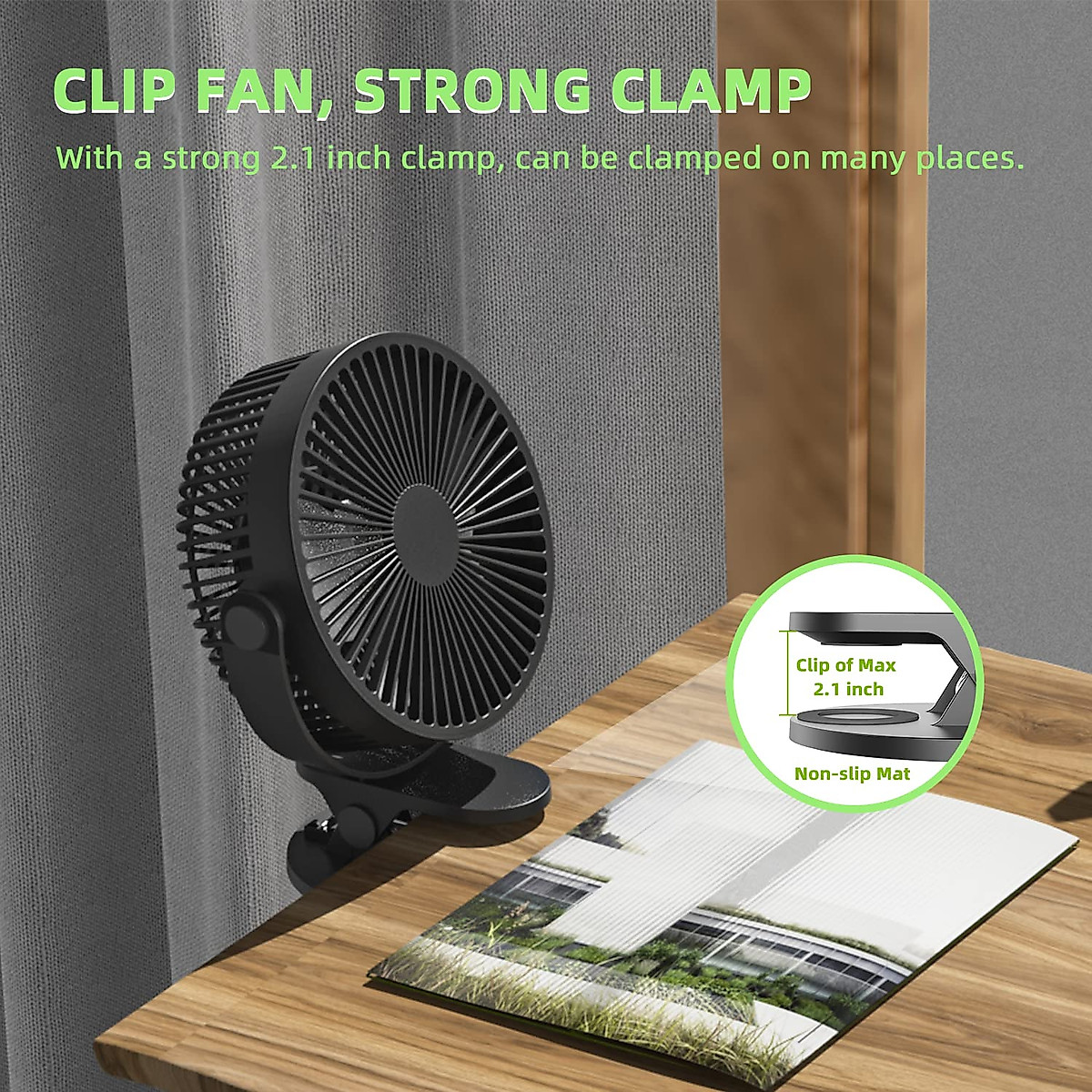 Ymumuda Desk Fan Clip on Fan, 3 Speeds Small USB Fan, 6.5 Inch Rechargeable Portable Fan, Strong Airflow & 360°Rotation Adjustable, Powered by USB, Sturdy Clamp for Office Desk - Black