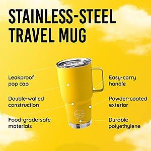 Mayim Large Travel Coffee Mug Tumbler with Clear Slide Lid and Handle, Reusable Vacuum Insulated Double-Wall Stainless-Steel Thermos, Fits in Cup Holder, 30oz., Neon Yellow
