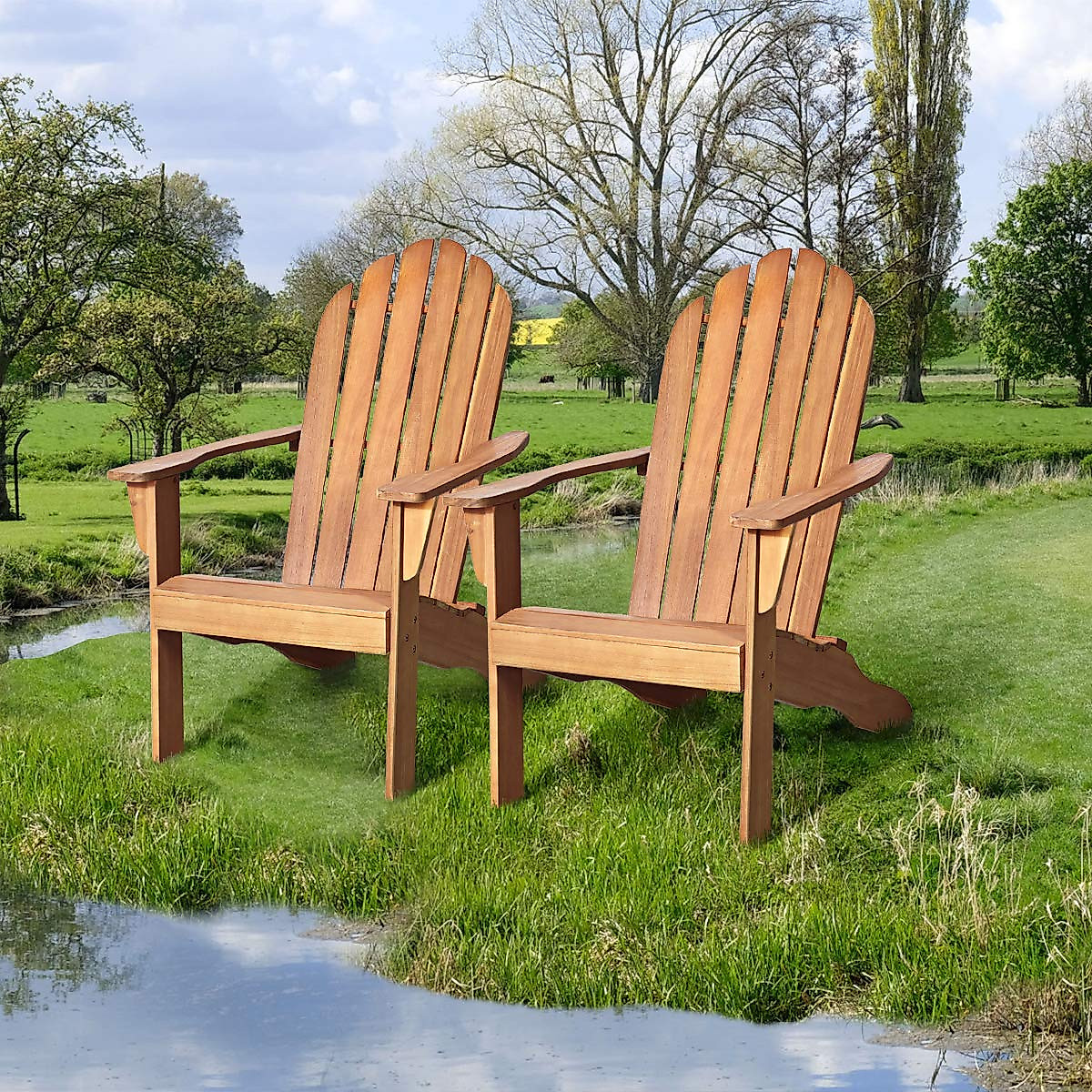 Giantex Adirondack Chair Set of 2 Acacia Wood Outdoor Chairs with 350 lbs Weight Capacity, Lounge Chair Armchair for Yard, Patio, Garden, Poolside, Balcony, Deck Fire Pit Chairs, Natural