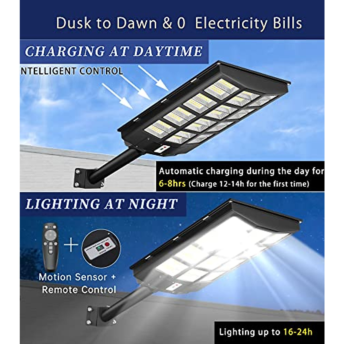 JAYNLT 1500W Solar Street Lights Outdoor, 200000LM 6500K Solar Parking Lot Lights Dusk to Dawn, IP67 Waterproof Solar Security Flood Lights with Motion Sensor for Yard, Garden, Parking Lot