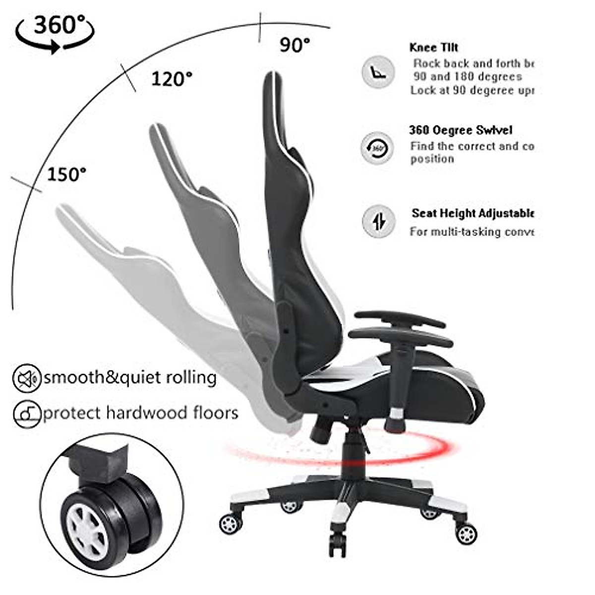 Devoko Gaming Chair Racing Style High Back Computer Chair with Adjustable Armrests Ergonomic Office Chair Executive Swivel Task Chair with Headrest and Lumbar Support (White)