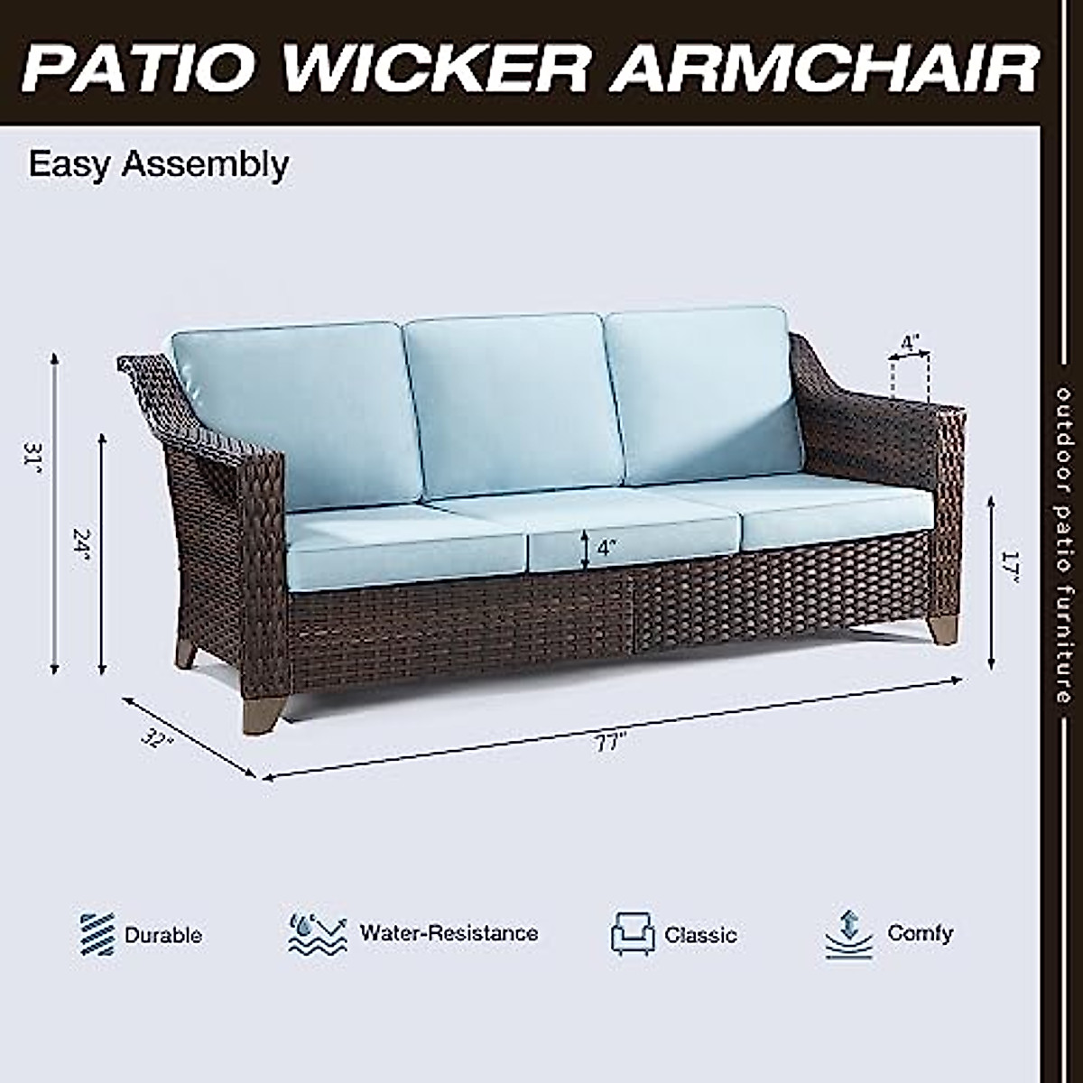 MeetLeisure 77'' Patio Sofa, All Weather Outdoor Rattan Wicker 3-Seat Sofa High Back Couch with Premium Cushions for Garden Backyard Porch(Brown/Azure)