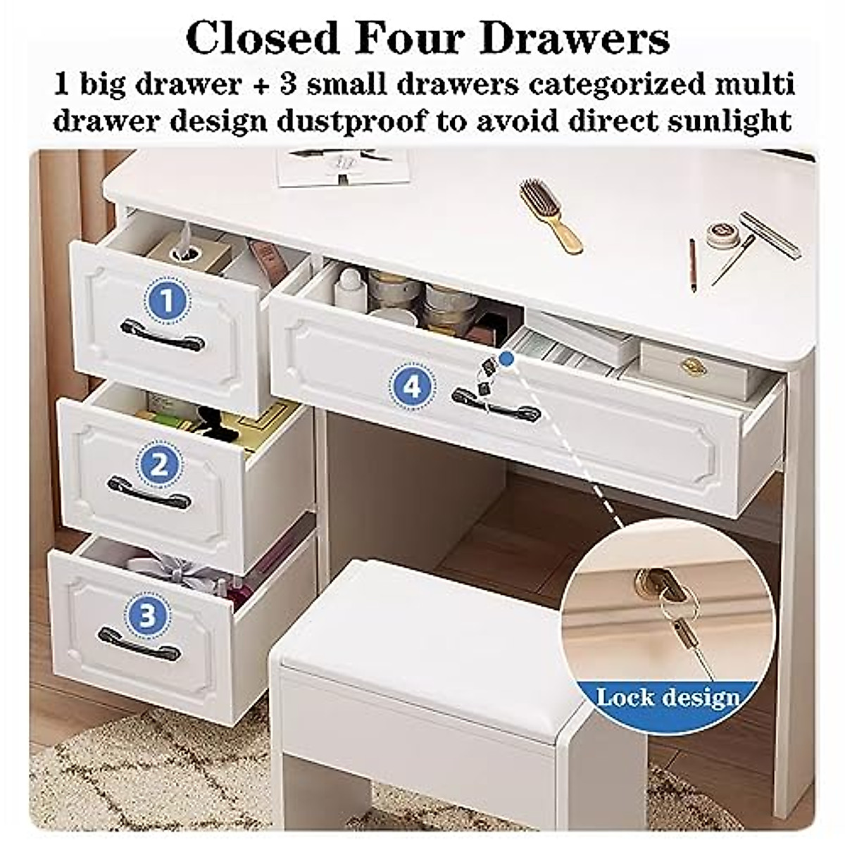 Vanity Set with Lights and Stool Makeup Vanity Desk with Mirror Dressing Table with Four Drawers Raise the Fence to Prevent Falling Exquisite Handle Smooth Pulling Three Level Brightness Adjustment (