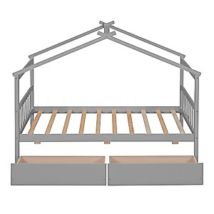 Harper & Bright Designs Twin Size House Bed for Kids, Wooden House Bed Twin with Two Drawers, Kids Twin Bed Frame with Storage,Roof Design for Girls Boys, Grey