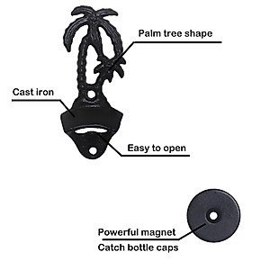Luwanburg Palm Tree Cast Iron Beer Bottle Opener Wall Mounted with Magnetic Cap Catcher (Black)