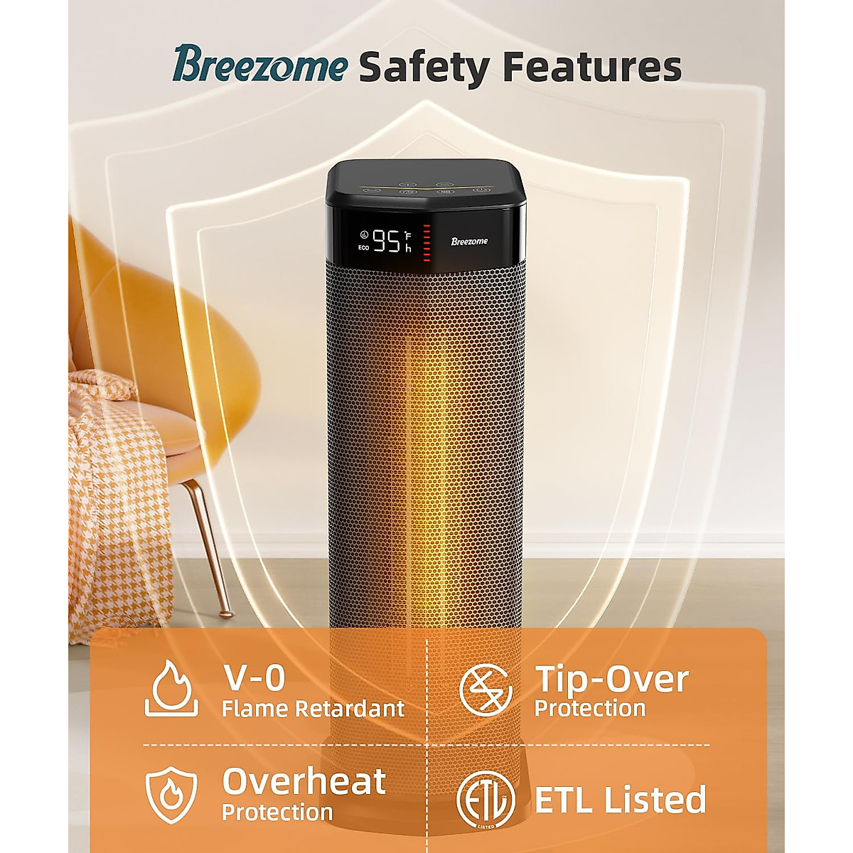 BREEZOME Space Heater for Indoor Use, 1500W Fast Heating Electric Heater with Thermostat, 90°Oscillating PTC Ceramic Heater, 24H Timer Portable Room Heater for Home Office Bedroom