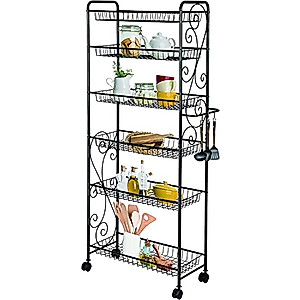 HLC 6 Tier Freestanding Metal Bathroom Kitchen Storage Shelf Rack with Wheels Black