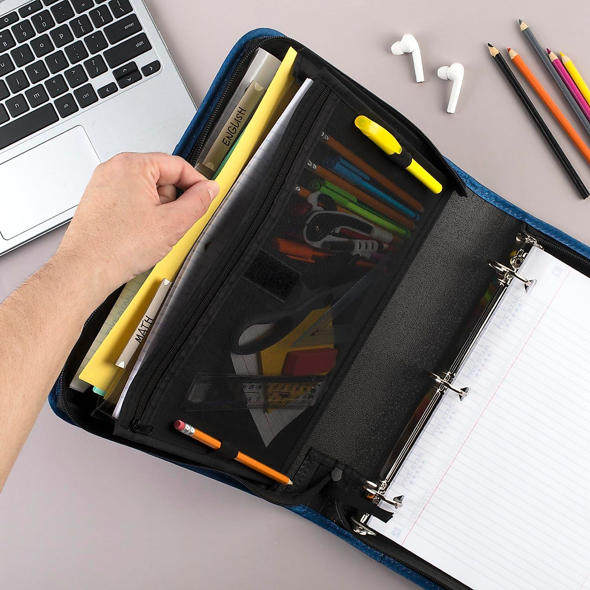 Five Star Zipper Binder, 1-1/2 Inch 3-Ring Binder for School, 3 Pocket Expanding File, 500 Sheet Capacity, Blue (72202)