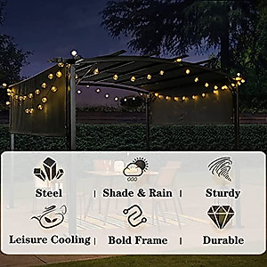 12 X 9 FT Gazebo Outdoor Waterproof Outdoor Grape Shade Canopy Tent with Retractable Shade Canopy, Sturdy Retractable Pergola for Grill, Yard, Commercial