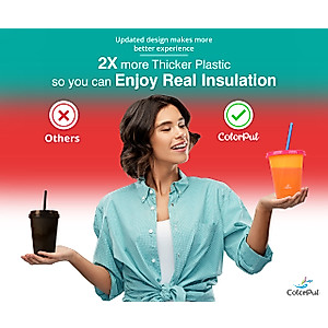 COLORPUL Kids Cups with Straws and Lids- 9 Packs 16 oz- Color Changing Cups - Thick Reusable Insulated Plastic Cups with Straws for Coffee, Smoothie Cups