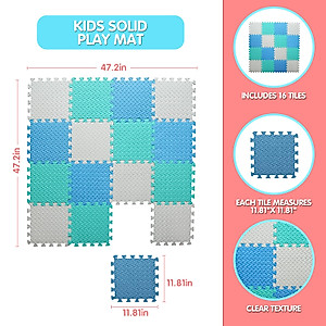Coolcandy Foam Play Mat(16 Pcs/Set), Multi-Colored Play Mat for Baby, EVA Non-Toxic Interlocking Foam Puzzle Floor Mats, 0.4" Thick Square Kids Playmat for 47 * 47" Playpen(White/Green/Blue)