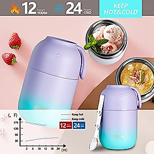 IDHLIP Thermos for Hot Food - Wide Mouth Soup Thermos for Kids Adults - 17 oz Insulated Food Container with Folding Spoon for Hot Cold Food Stainless Steel Food Jar for School (Purple-Blue)