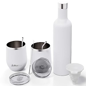 BluePeak Double Wall Vacuum Stainless Steel Insulated Wine Tumbler Set, 3-Pack - Includes Spill-Proof Sliding Lids, Straws, Cleaning Brush, Silicone Funnel & Gift Box - Travel Drinking Set (White)