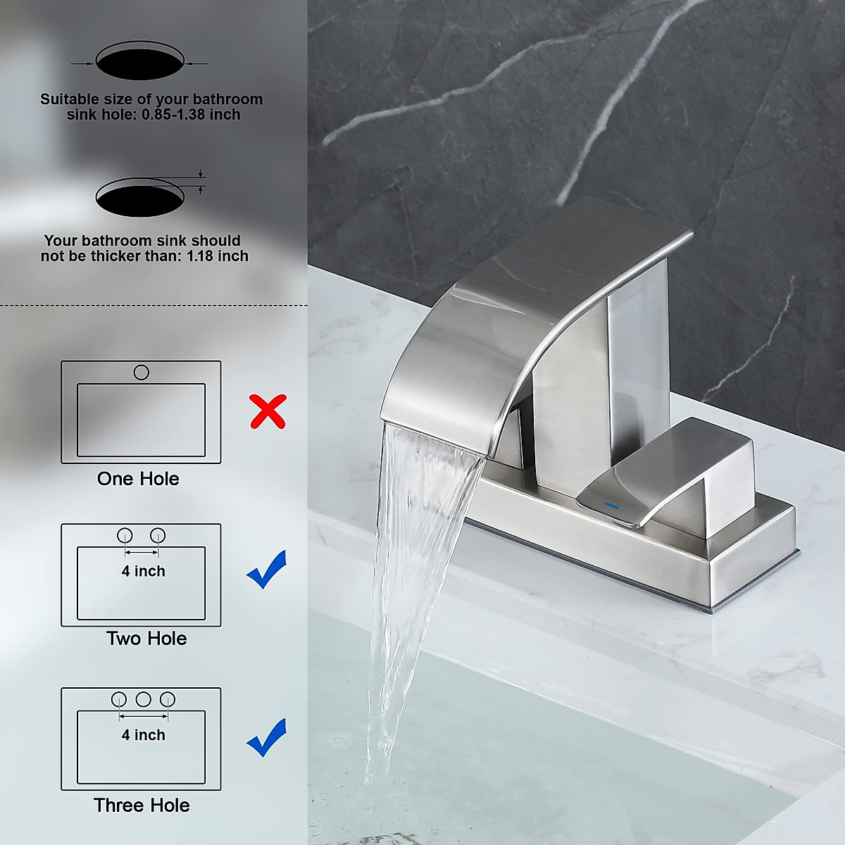 Waterfall Bathroom Sink Faucet - 2 Handle 4 Inch Centerset Faucet for Lavatory Bathroom Sink, with cUPC Faucet Supply Line Hoses for Bathroom Restroom Vanity Lavatory, Brushed Nickel