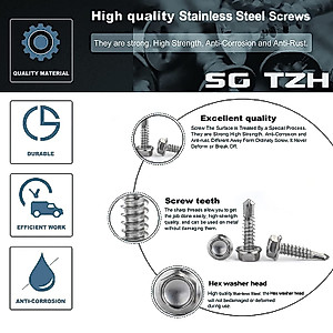 #8 x 1/2" Sheet Metal Screws 100PCS 410 Stainless Steel Hex Washer Head Fast Self Tapping Screws by SG TZH