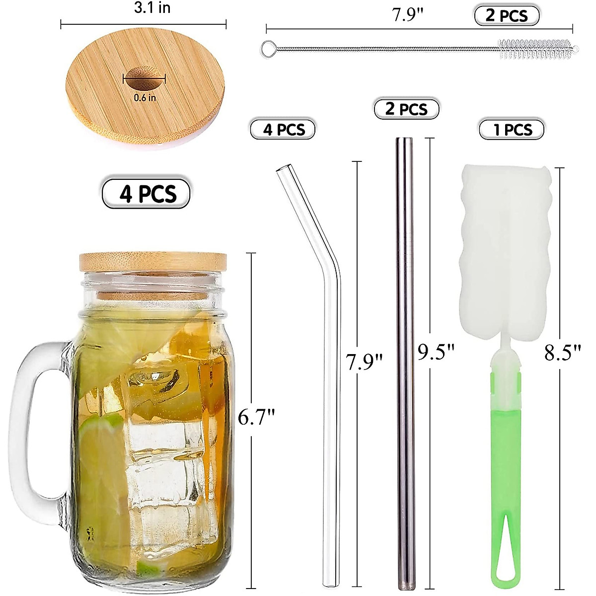 4 Pack Can Glass Set with Handle,24 OZ Mason Jar with Bamboo Lids and Glass Straws Can Shaped Glass Cups,Drinking Glasses, Pint Glasses for Smoothies, Tea, Cola, Juice,Soda (4 Pack)