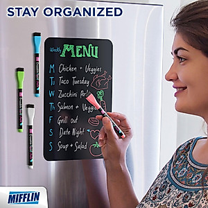 Mifflin-USA Magnetic Dry Erase Black Board Sheet for Fridge (12 x 8), Stain-Resistant Refrigerator Blackboard Organizer, Kitchen Planner Board w/ 4 Fine-Tipped Markers & Convenient Wipe Cloth
