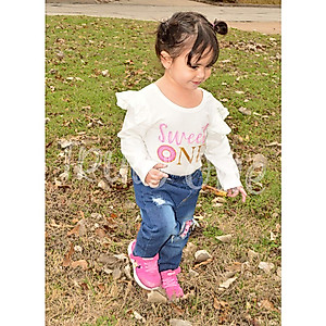 Baby Girls One Year Old Birthday Clothes Denim Jeans Outfits with Headband (White-Long,12-18 Months)