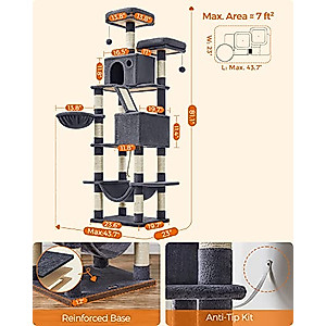 Feandrea Cat Tree, 81.1-Inch Large Cat Tower with 13 Scratching Posts, 2 Perches, 2 Caves, Basket, Hammock, Pompoms, Multi-Level Plush Cat Condo for Indoor Cats, Smoky Gray UPCT190G01