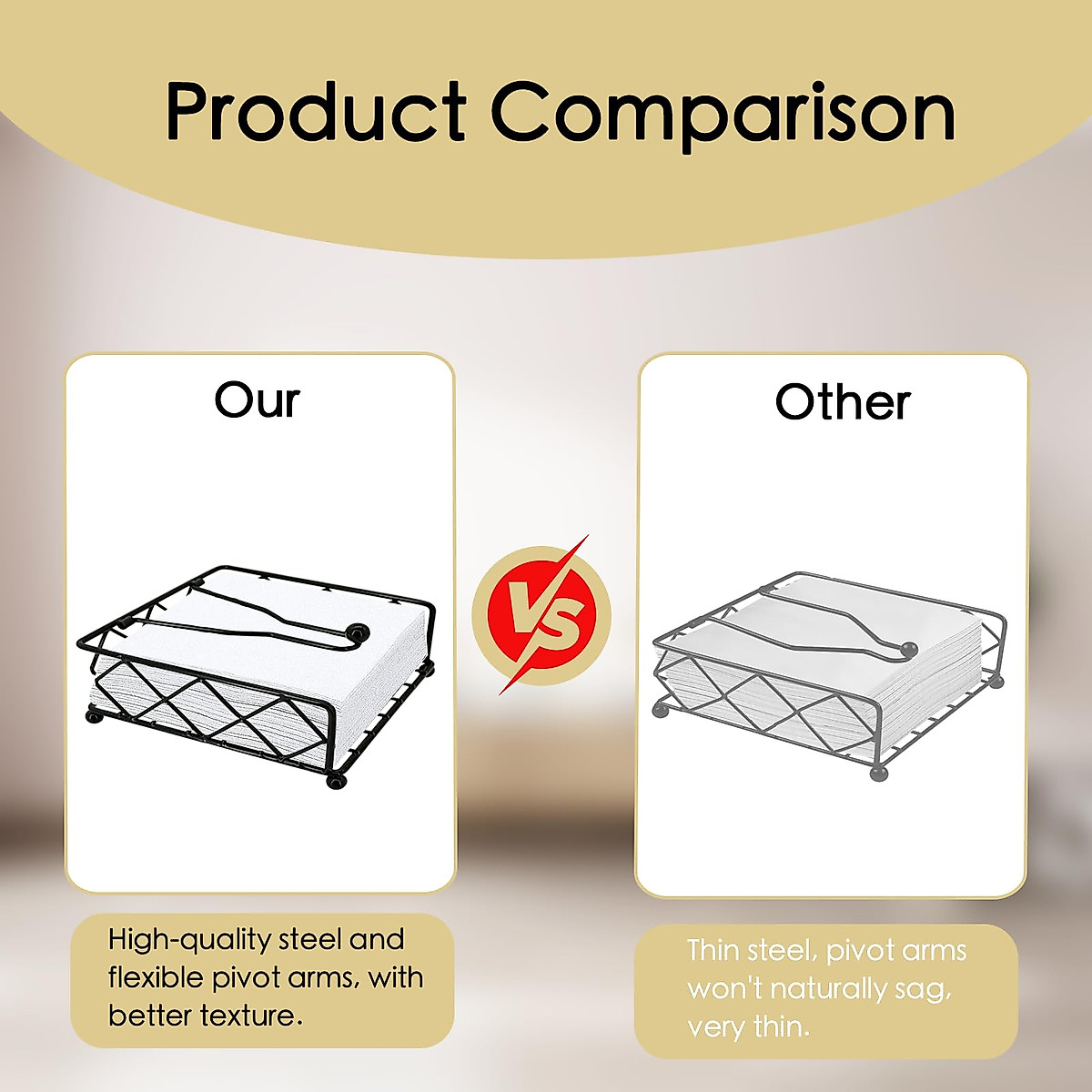 Napkin Holder for Table, Square Paper Napkin Holders with Weighted Arm, Elegant Rustic Metal Modern Napkin Holder for Kitchen, Countertops & Outdoor Tables, Dining Room (Black)