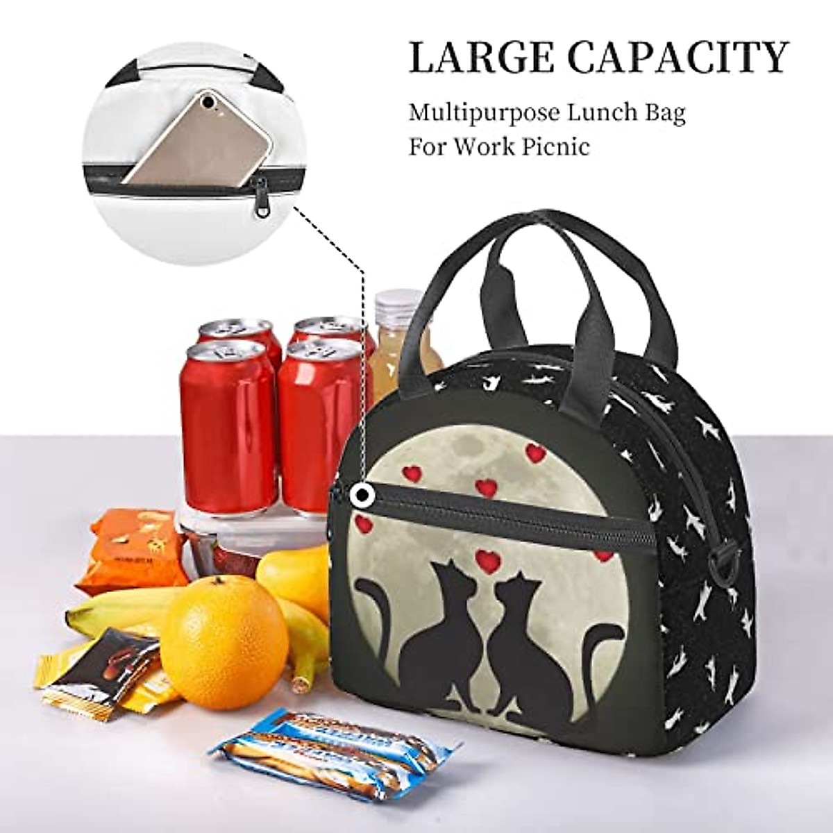 Cute Cats Lunch Bag Reusable Insulated Lunch Tote Bag Lunchbox Container With Adjustable Shoulder Strap For Office Work School Picnic Travel