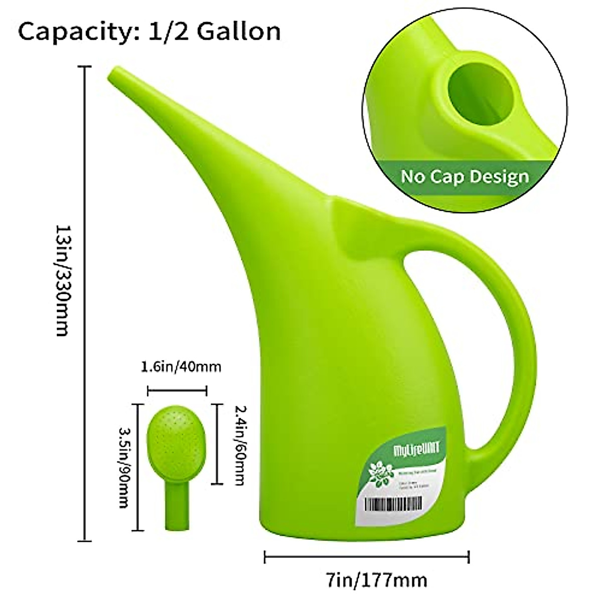 MyLifeUNIT Watering Can for Indoor Plants, Water Can with Shower Head, 1/2 Gallon (Green)