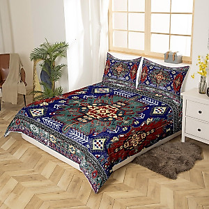 Erosebridal Boho Tribal Duvet Cover King, Retro Exotic Bedding Set, Vintage Lattice Arrows Bohemian Comforter Cover, Blue Green Red Antique Grid Damask Inspired Medallion Egyptian Quilt Cover