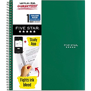 Five Star Spiral Notebook, 1 Subject, College Ruled Paper, 100 Sheets, 11" x 8-1/2", School, Wired, Green (72055)
