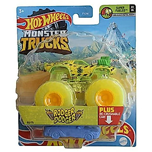 Monster Trucks Rodger Dodger with re-Crushable car 60/75, 1:64 Scale diecast Truck (Neon)